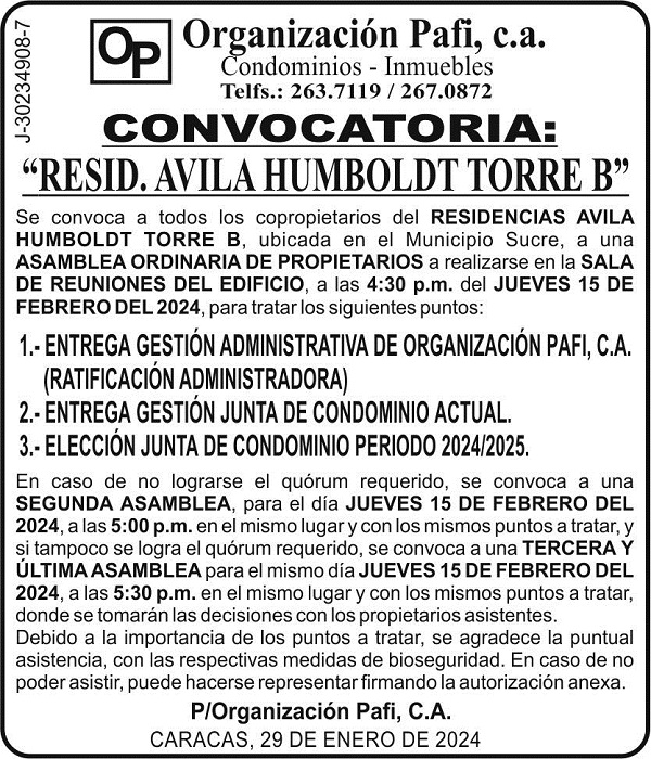 CONVOCATORIA EDIFICIO AVILA HUMBOLDT TORRE B